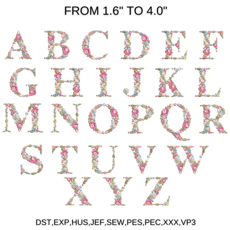 Floral Font Embroidery , A-Z Full Flower Alphabet Machine Embroidery ...